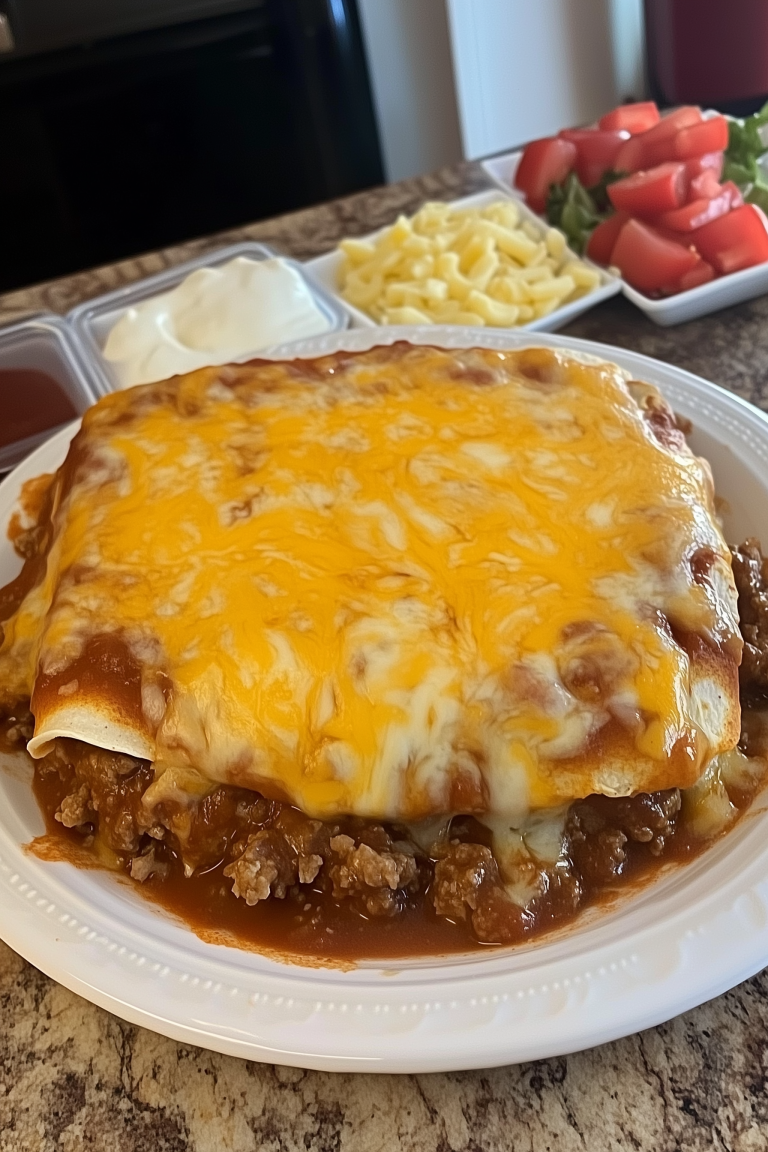 Red Chile Ground Beef & Cheese Stacked Enchiladas - JustMexicanFood
