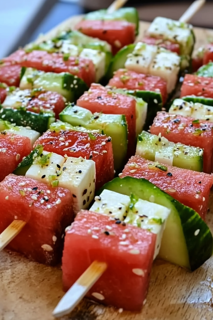 Watermelon-Cucumber-Feta Skewers with Tajín-Lime Splash - JustMexicanFood