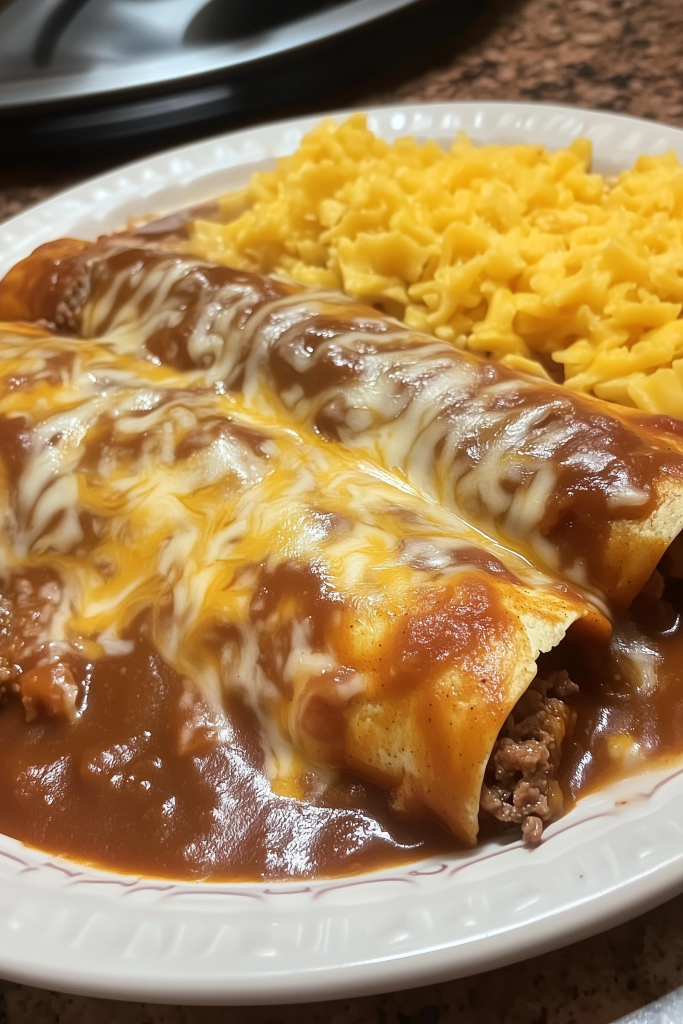 Two Cheese Enchiladas with Chile Con Carne Sauce; All Beef Tamale – JustMexicanFood